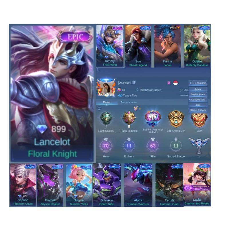 63 skins Mobile legend account #078 (70 HEROES, 63 SKINS, 3 MAXED ...