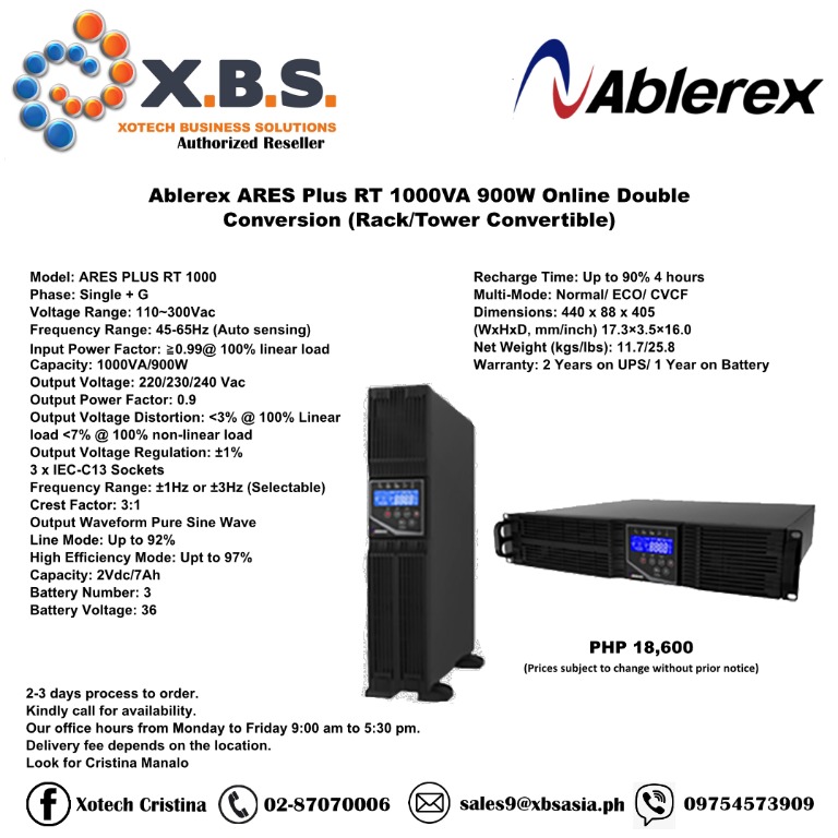 Ablerex ARES Plus RT 1000VA 900W Online Double Conversion (Rack/Tower Convertible), Computers ...