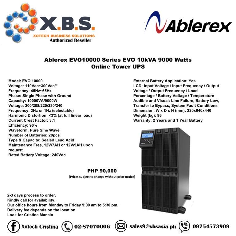 Ablerex EVO10000 Series EVO 10kVA 9000 Watts Online Tower UPS, Computers & Tech, Parts ...