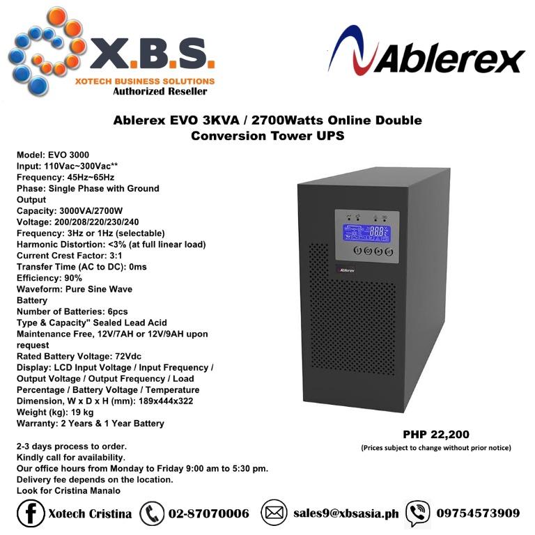 Ablerex EVO 3KVA / 2700Watts Online Double Conversion Tower UPS ...