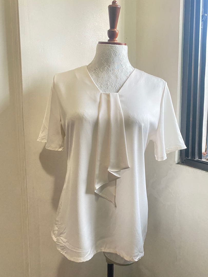 White formal casual office wear sophisticated classy white cream blouse ...