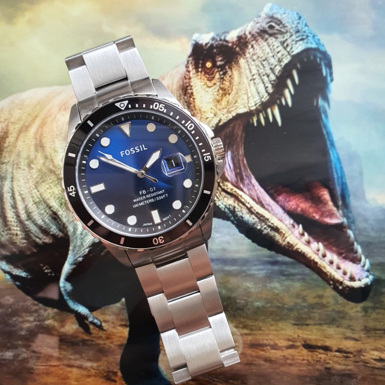 Fossil FB01 Three-Hand Date Rotating Black Bezel Blue Dial Bracelet Men ...