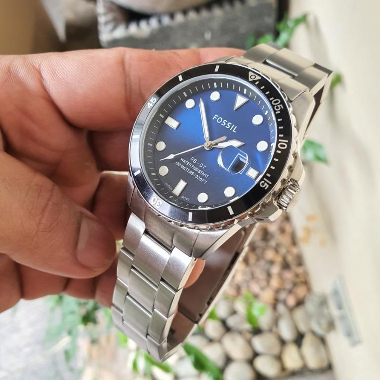 Fossil FB01 Three-Hand Date Rotating Black Bezel Blue Dial Bracelet Men ...