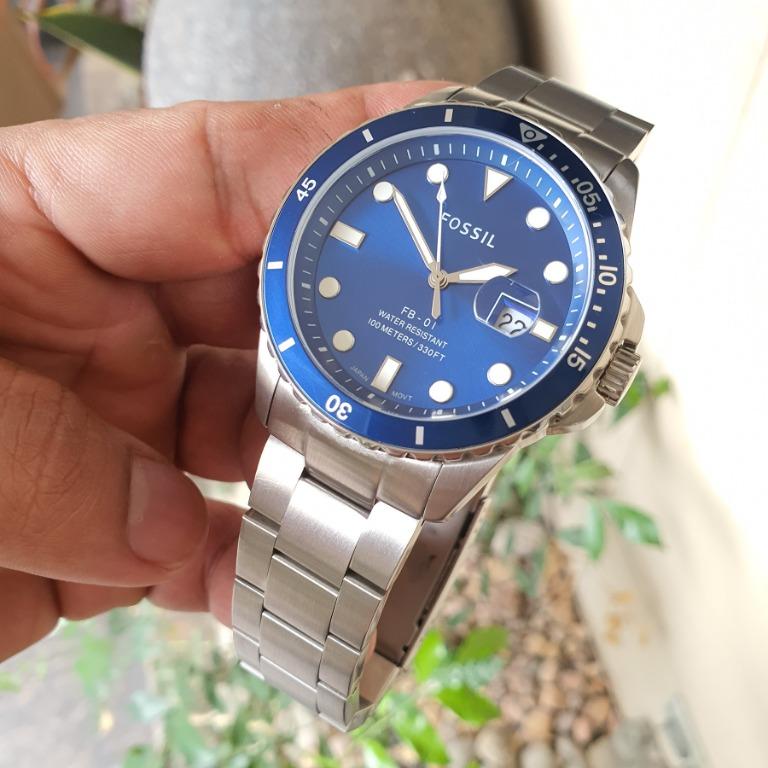 Fossil FS5669 FB01 Three-Hand Date Rotating Black Bezel Blue Dial ...