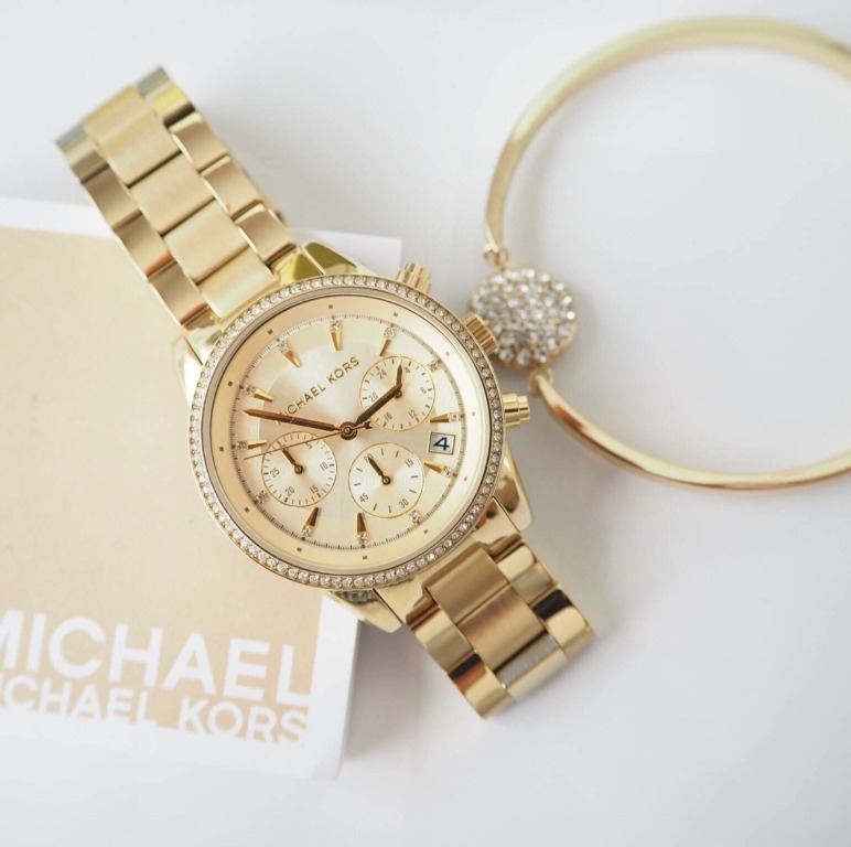 Michael Kors Ritz MK6356 Chronograph Gold Dial Ladies Watch Original ...