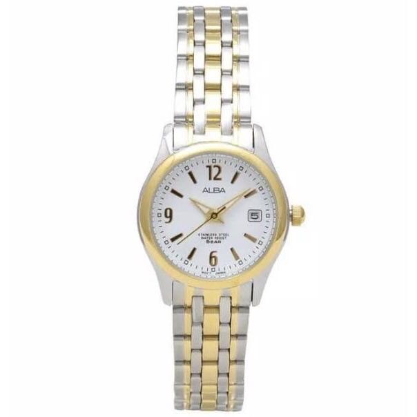 ALBA Ladies AXT856X Quartz White Dial Mineral Glass Two-Tone Stainless ...