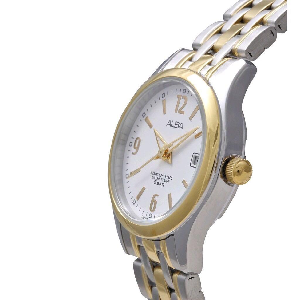 ALBA Ladies AXT856X Quartz White Dial Mineral Glass Two-Tone Stainless ...