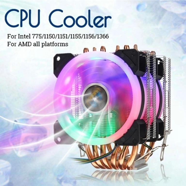 CPU Cooler 6 Heatpipe 4-Pin RGB 2 Fans for In-Tel 775/1150/1151/1155 ...