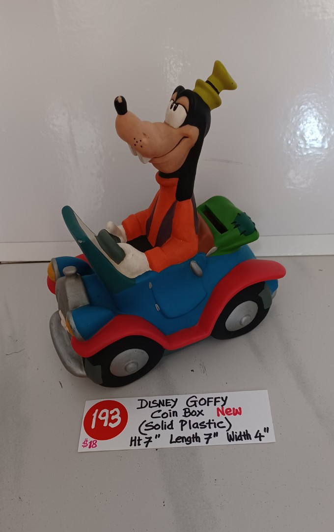 DISNEY GOFFY coin box (NEW). SOLID PLASTIC. Height 7 inches , Length 7 ...
