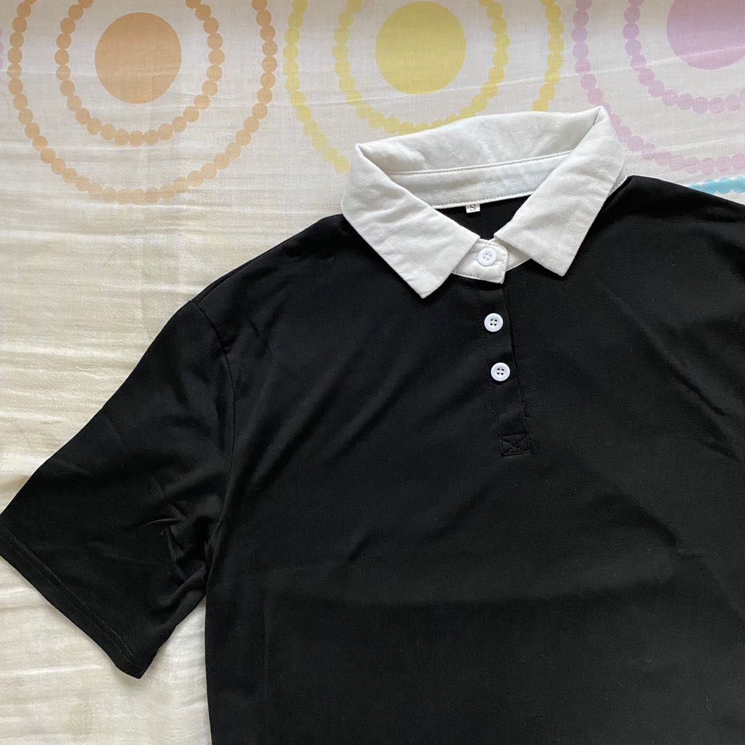Shein Black and White Polo Neck Shirt, Women's Fashion, Tops, Shirts on ...