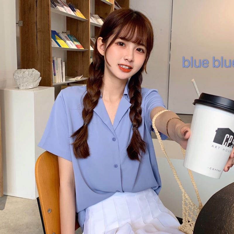 Ulzzang Blue Blouse, Women's Fashion, Tops, Blouses on Carousell