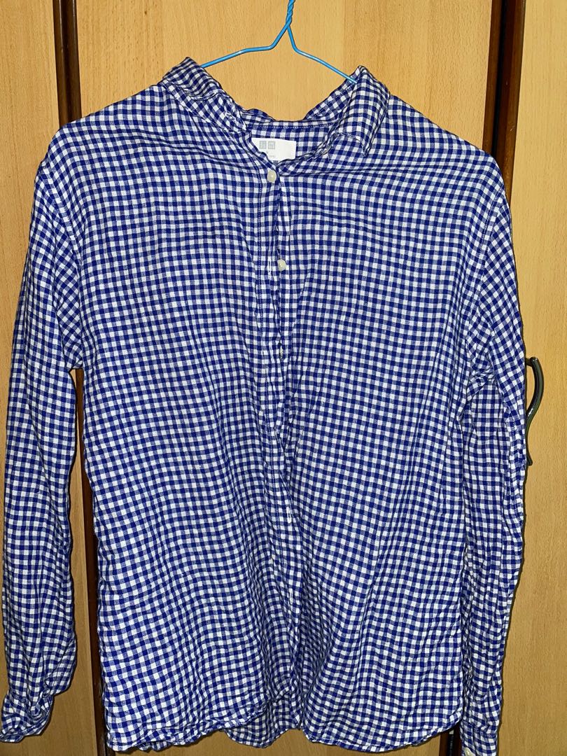 Uniqlo blue checkered polo shirt, Women's Fashion, Tops, Blouses on ...