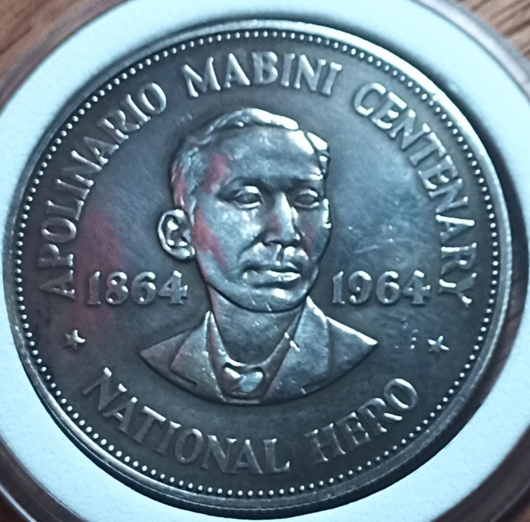1964 Apolinario Mabini National Hero Centennial One Peso Silver Coin ...