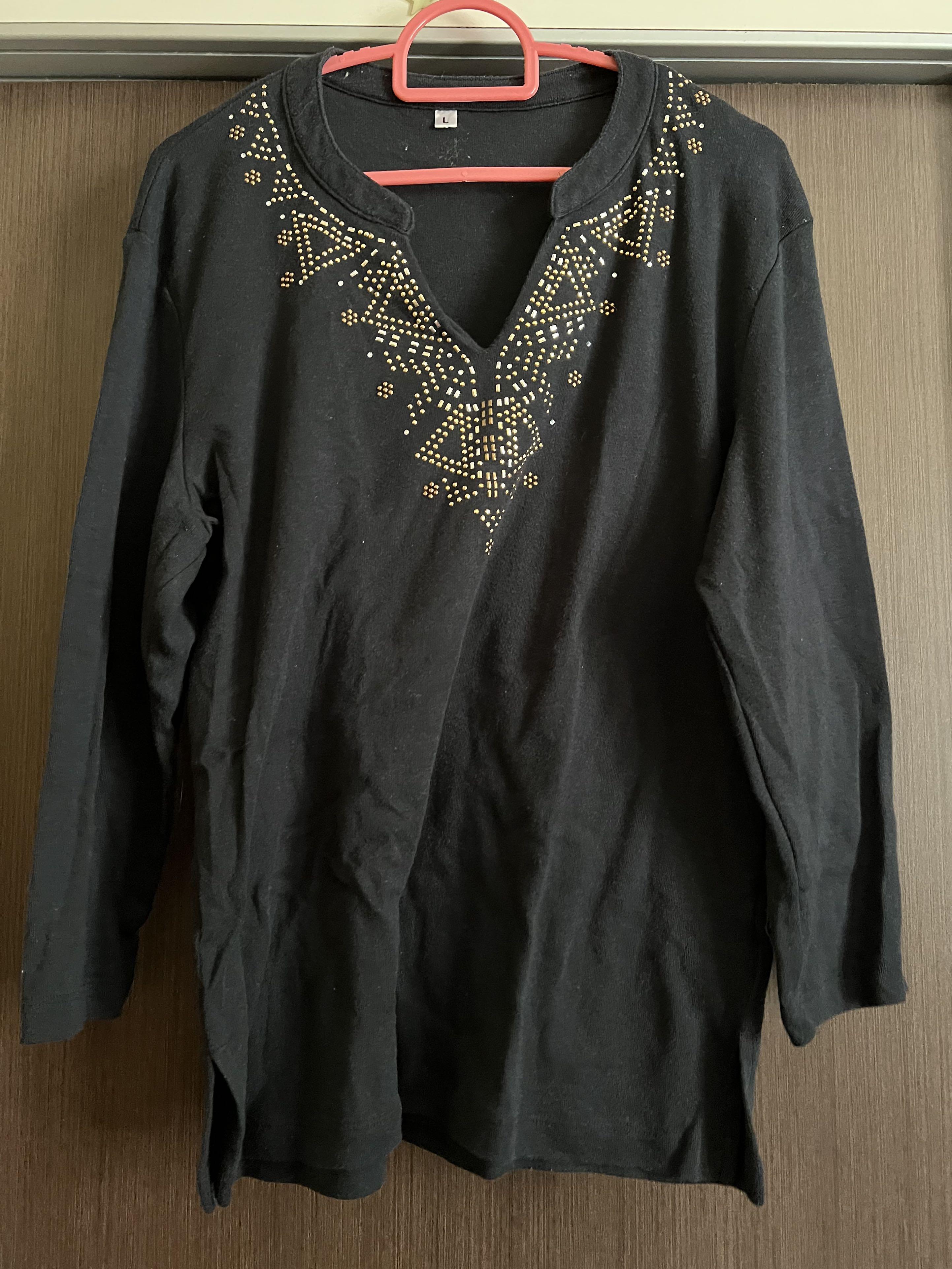 Black top Gold detailed open neck blouse #NeverLikedIt, Women's Fashion ...