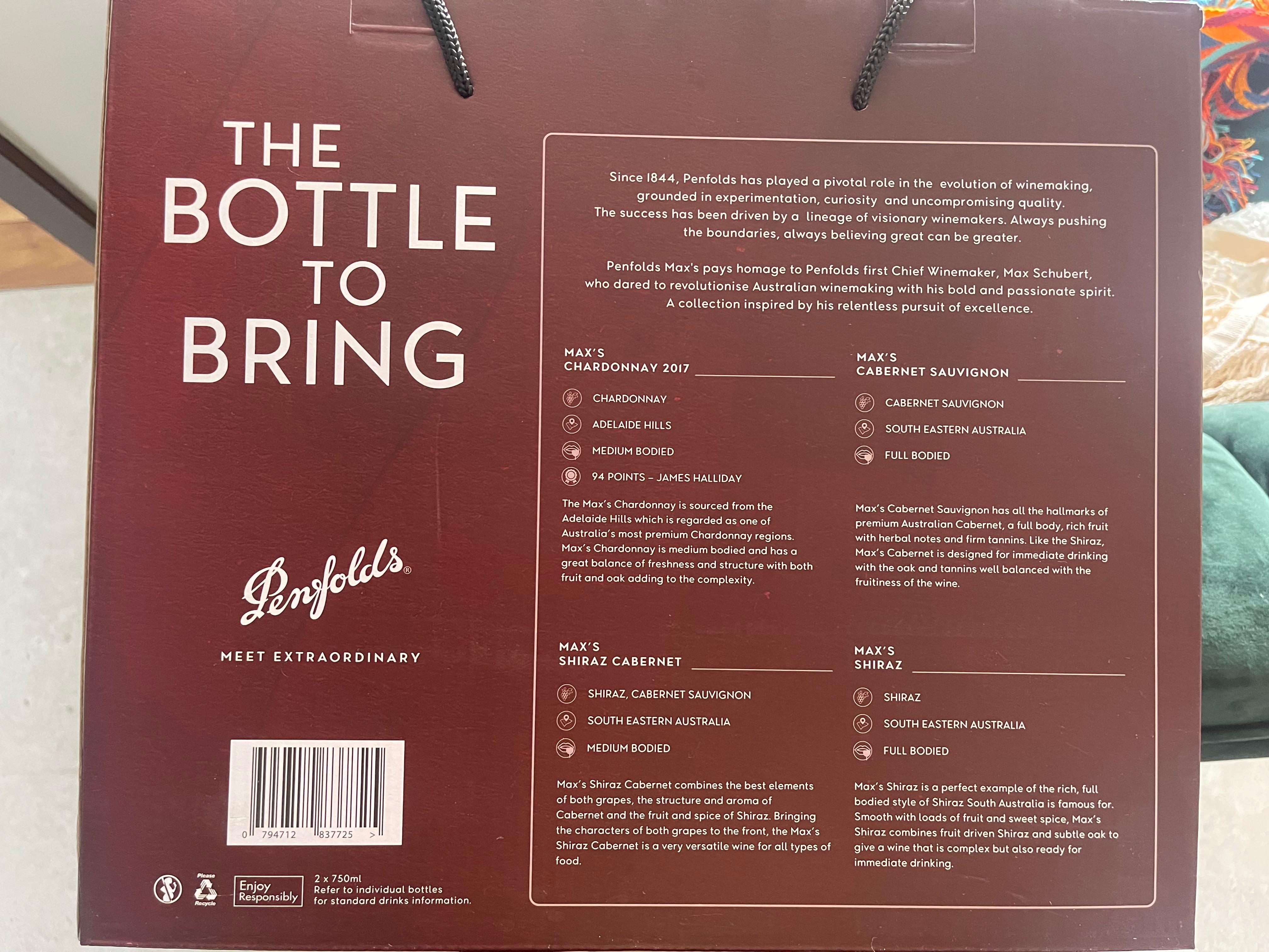 Penfolds Max Chardonnay & Max Shiraz Cabernet gift pack glasses straw ...