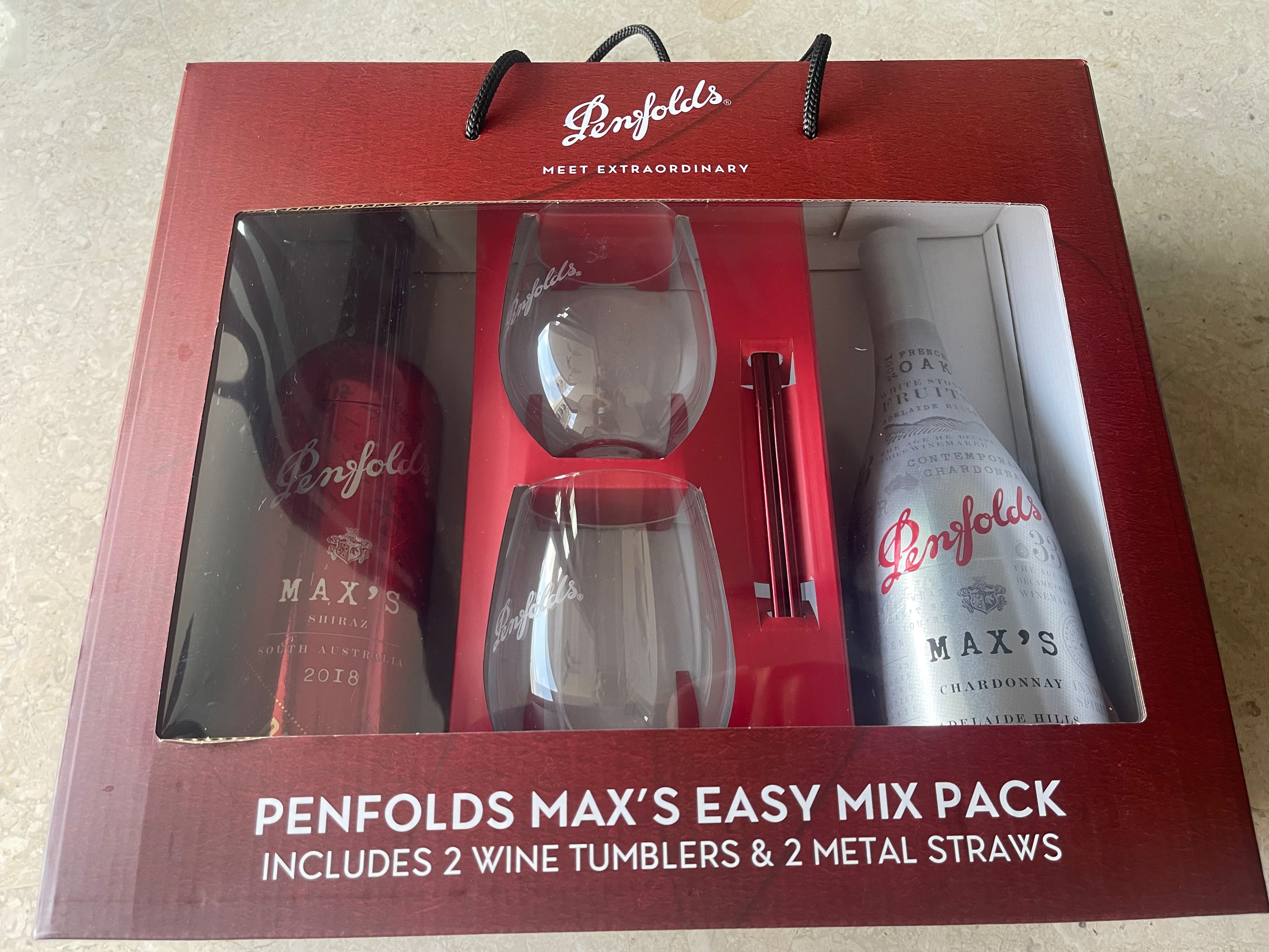Penfolds Max Chardonnay & Max Shiraz Cabernet gift pack glasses straw ...