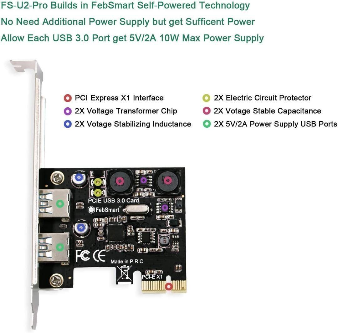 FebSmart 2 Ports USB 3.0 Super Fast 5Gbps PCI Express (PCIe) Expansion ...