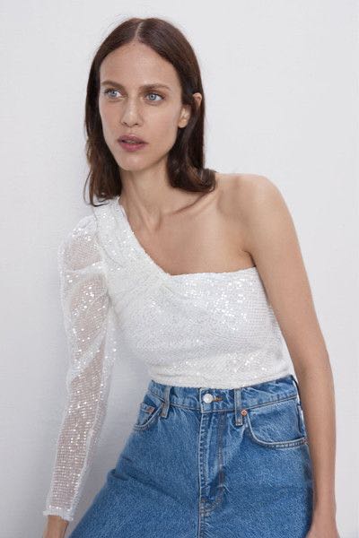 ZARA sequin one sided top, Women's Fashion, Tops, Others Tops on Carousell