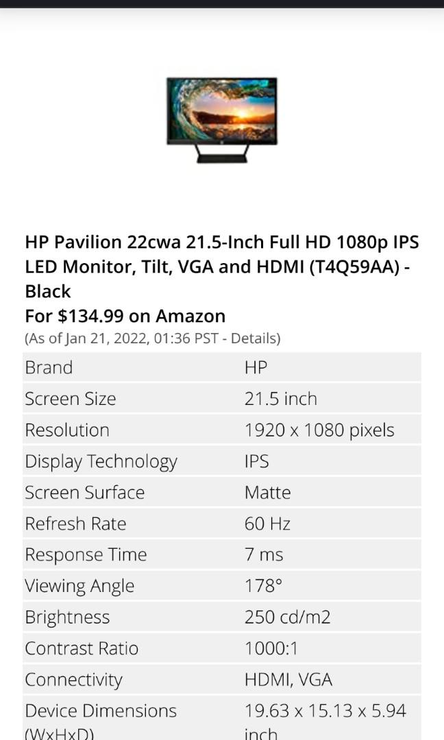 HP Monitor 22cwa 21.5 inch, Computers & Tech, Parts & Accessories ...