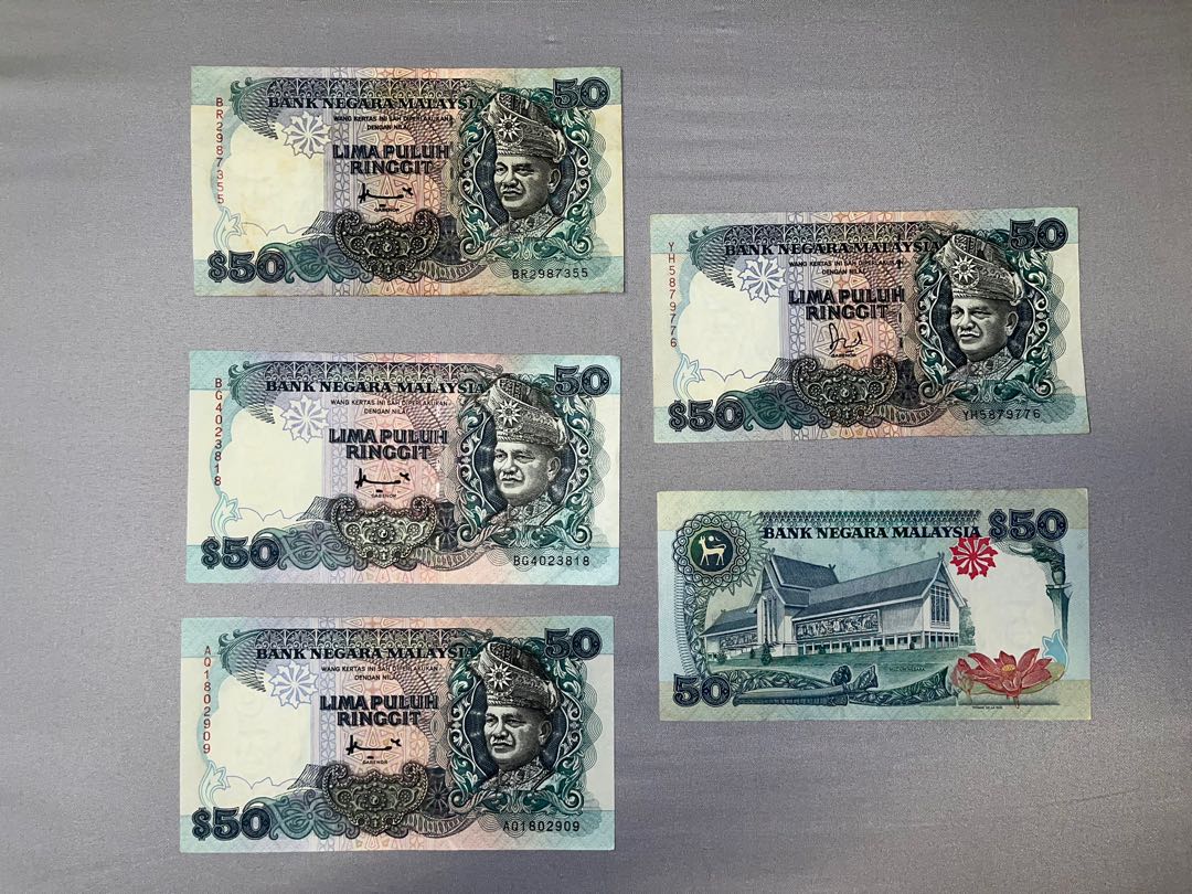 All 5 pcs Malaysia Ringgit $50 Old Notes for S$200, Hobbies & Toys ...
