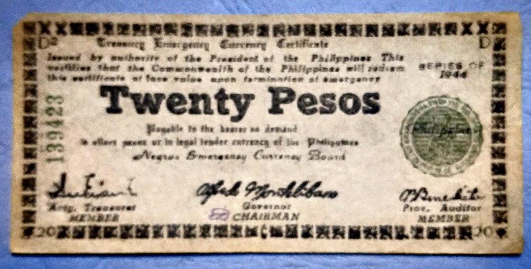 1944 Guerilla Notes**NEGROS Emergency Currency Board**20 Pesos old ...