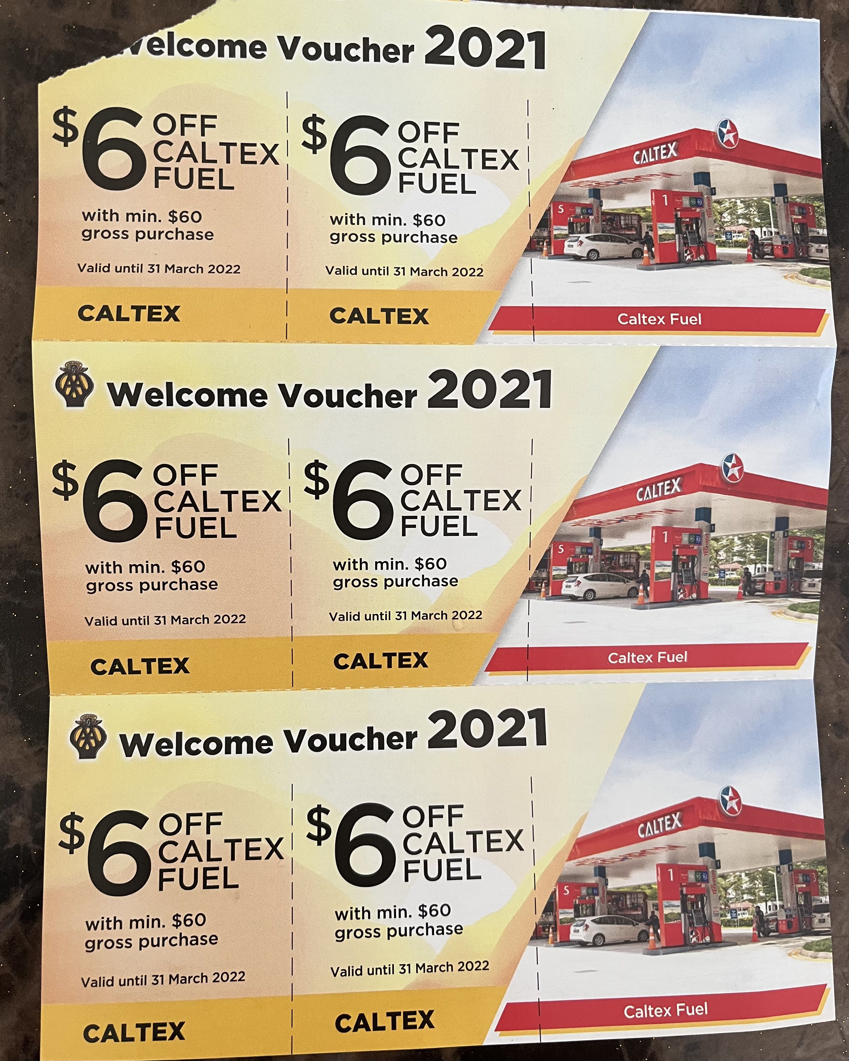 Caltex voucher X 6, valid until 31 March 2022, Tickets & Vouchers ...