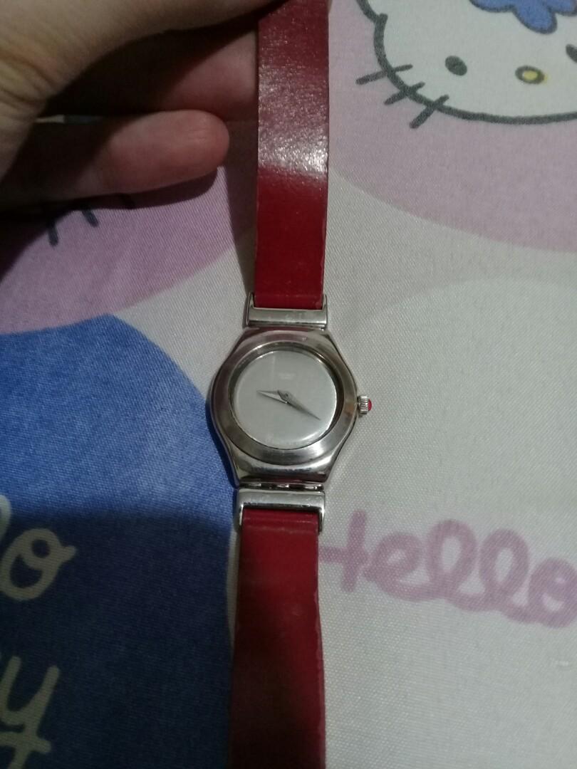 Swatch red leather, Women's Fashion, Watches & Accessories, Watches on ...