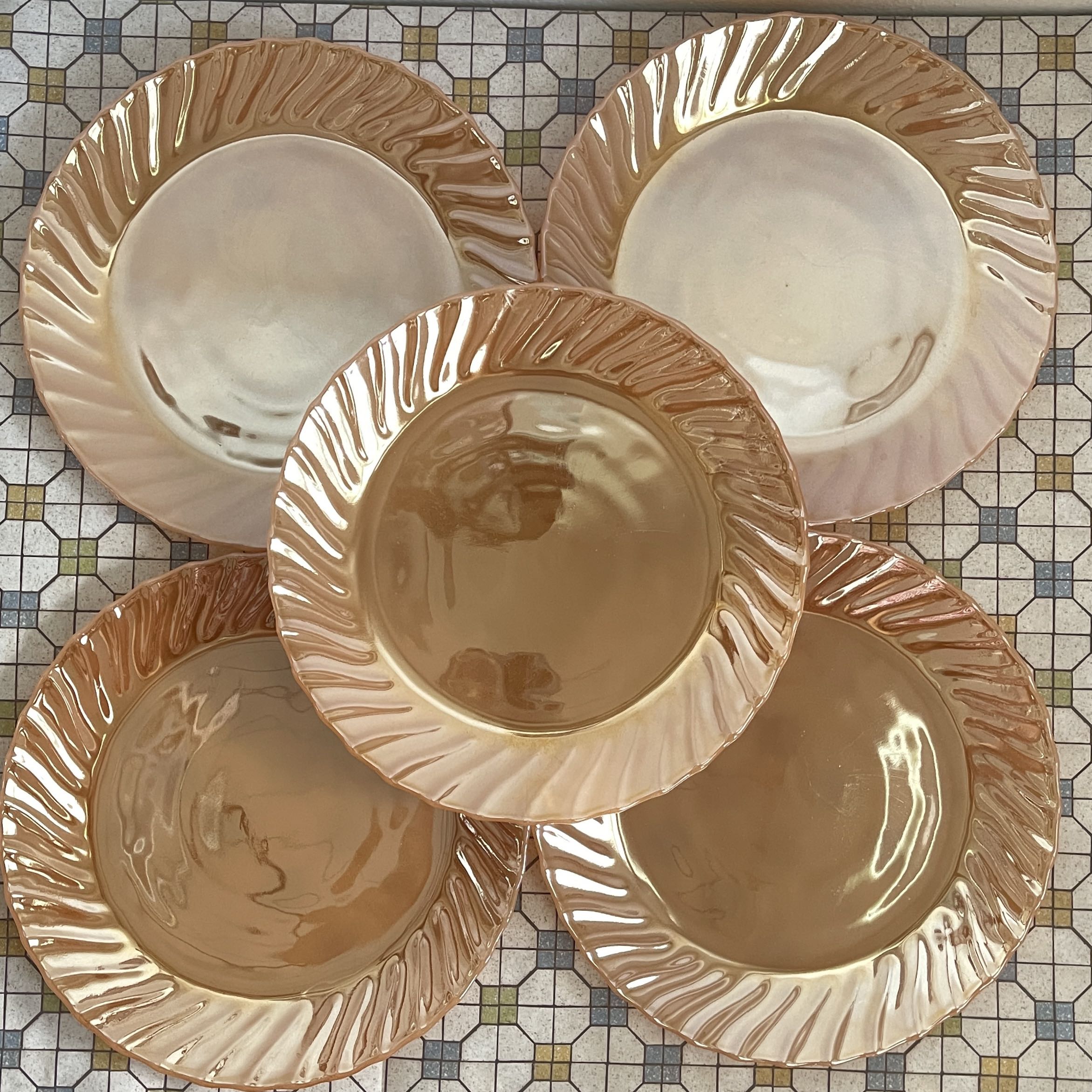 RESERVED - 5 vintage glass Termocrisa marigold peach lustre swirl ...