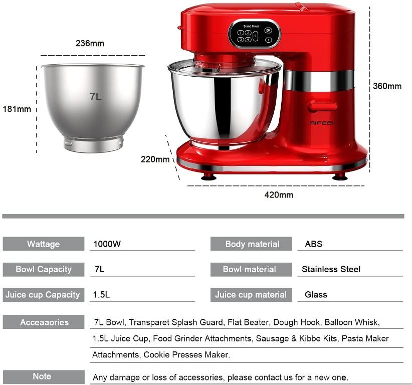 [C6001] Aifeel Stand Mixer 7L 1000W , 8 in 1 Multifunctional Kitchen Mixer with Meat Grinder ...