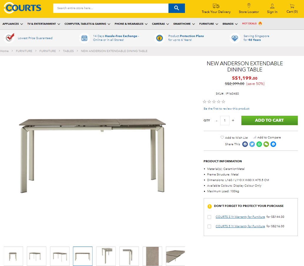 COURTS PREMIUM CERAMIC DINING TABLE EXTENDABLE, Furniture & Home Living ...