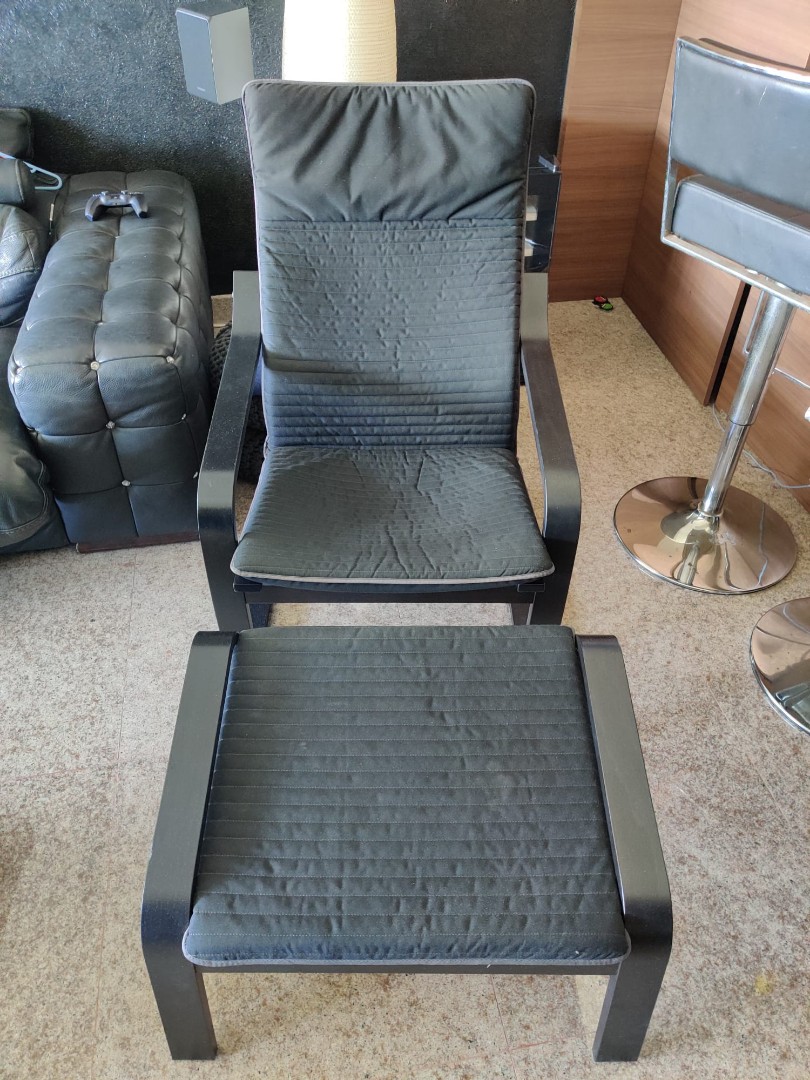 Ikea Black Poang Chair + Stool, Furniture & Home Living, Furniture ...