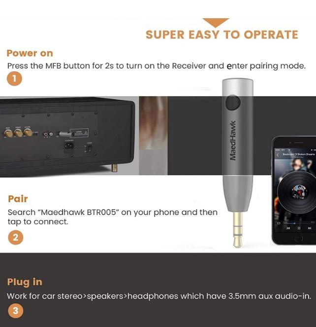 MaedHawk Bluetooth 5.0 Receiver, Bluetooth Aux Adapter / Portable ...