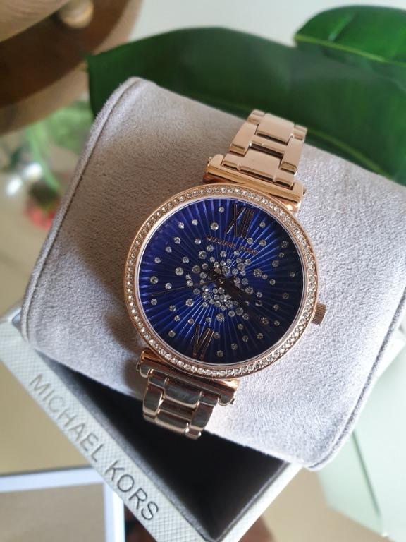 Michael Kors Sofie Quartz Blue Dial Crystal Rose Gold Tone 36mm Watch ...