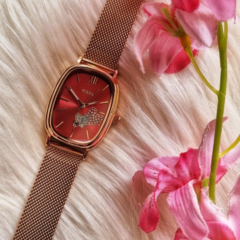 Guaranteed Authentic Fossil Lyla Three-Hand Date Rose Gold Tone Red ...