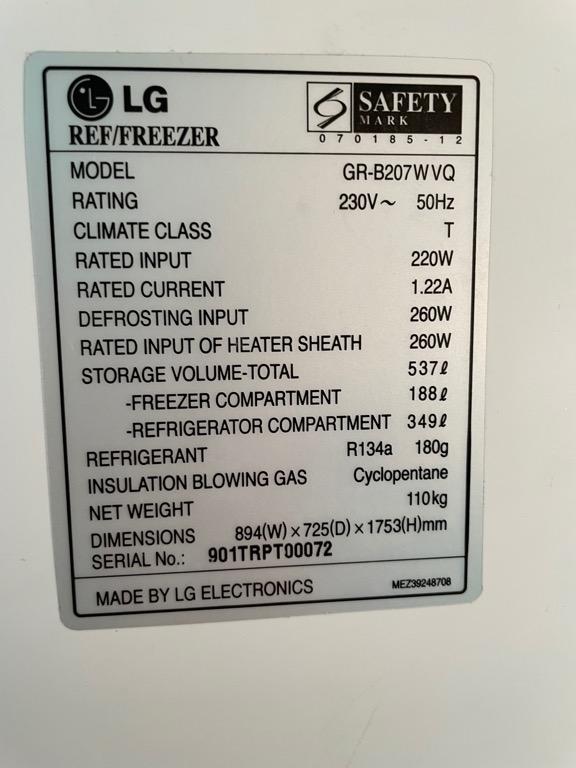 LG Side by side fridge/freezer, 537L, BR-B207WVQ, TV & Home Appliances ...