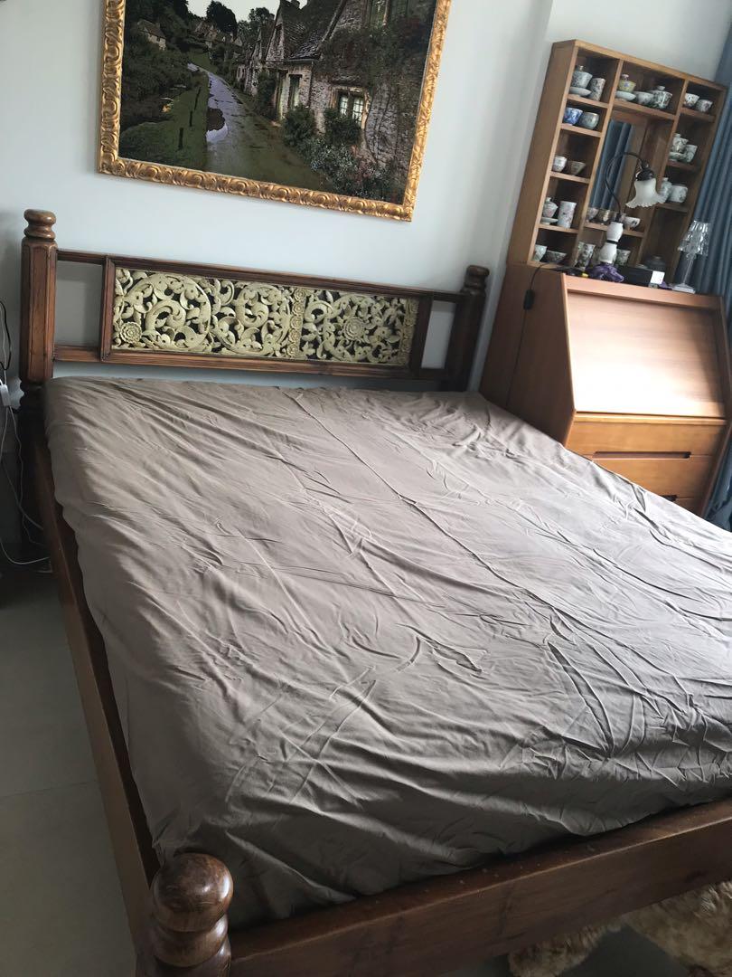 Peranakan teak wood antique queen size bed frame., Furniture & Home ...