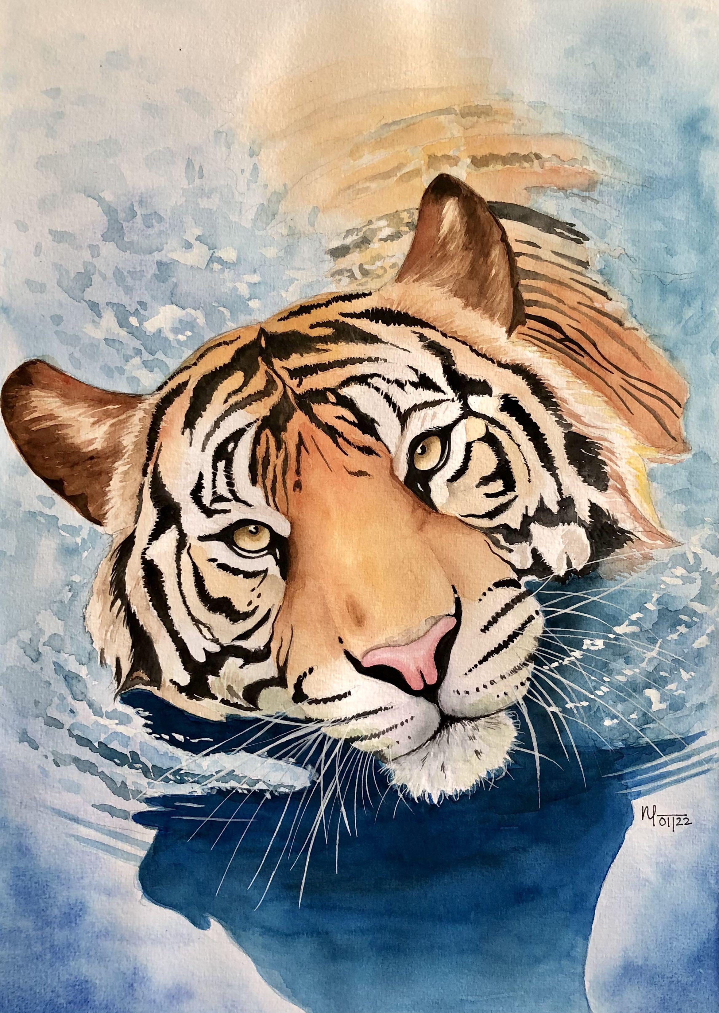 Tiger painting, water colour, wall decor, wall art, Hobbies & Toys ...