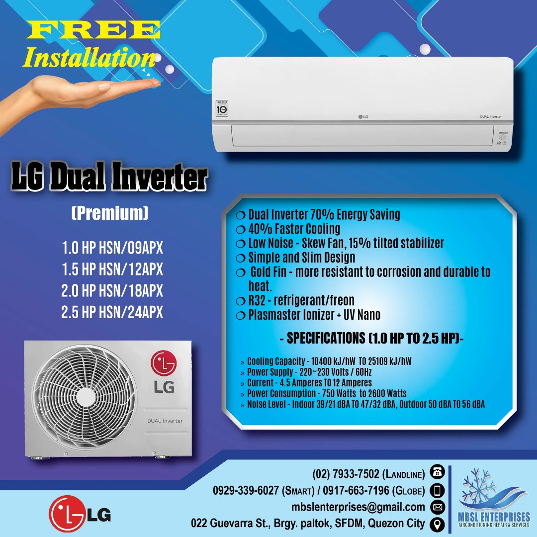 BRAND NEW LG DUAL INVERTER SPLIT TYPE AIRCON WITH FREE INSTALLATION TV brand-new-lg-dual-inverter-split-type-aircon-with-free-installation-tv