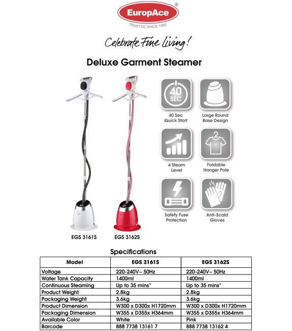 EuropAce Deluxe Garment Steamer EGS 3161S White, TV & Home Appliances ...