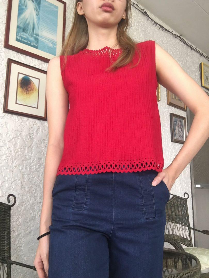Korean Red Sleeveles Top, Women's Fashion, Tops, Sleeveless on Carousell