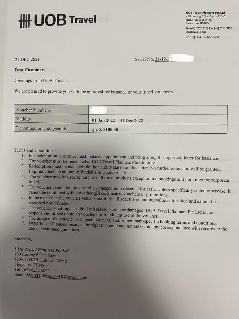 UOB Travel Vouchers worth $500, Everything Else on Carousell