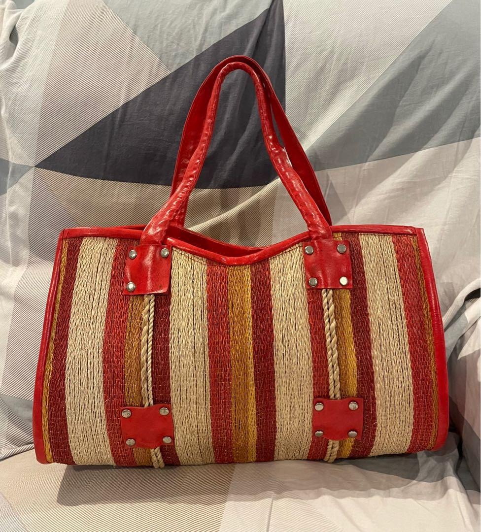 Vintage Red Straw Banig Handbag Shoulder Beach Summer Bag, Women's ...