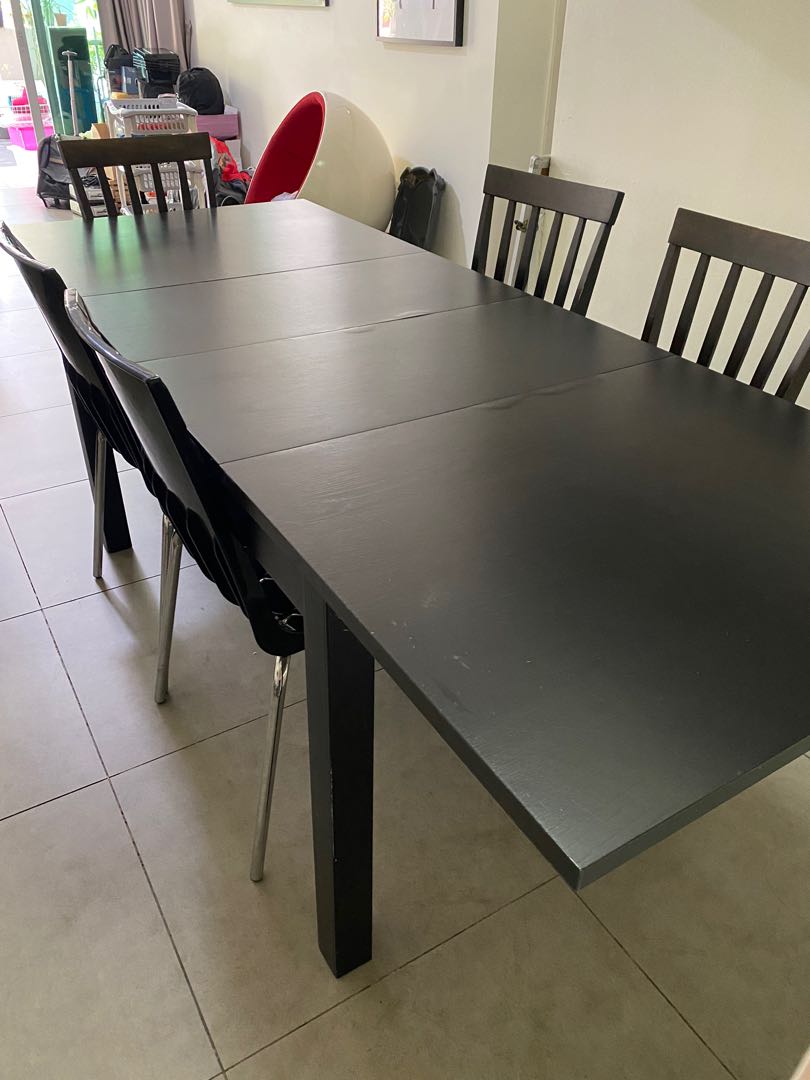 IKEA black dining table extendable 4 to 8 pax with chair, Furniture ...