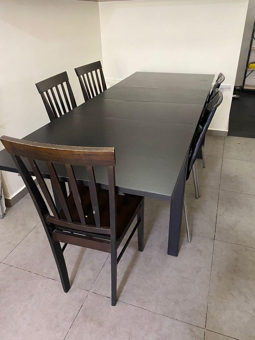 IKEA black dining table extendable 4 to 8 pax with chair, Furniture ...