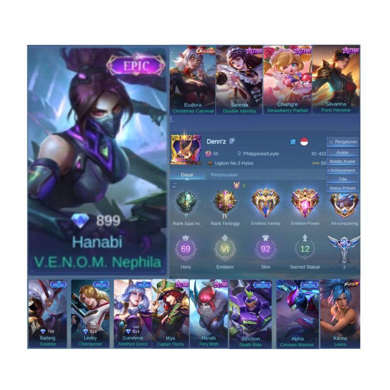 92 skins Mobile legend account #053 ( 69 HEROES, 92 SKINS, 6 MAXED ...