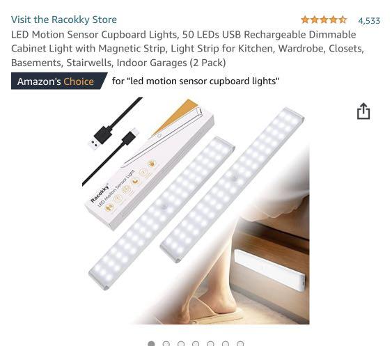 LED Motion Sensor Cupboard Lights, 50 LEDs USB Rechargeable Dimmable ...