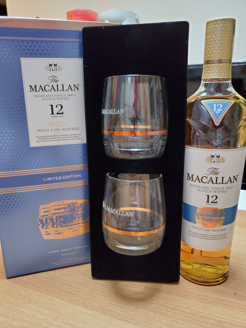 Macallan Limited Edition 12 years old triple cask with 2 glass cups, 嘢食 ...