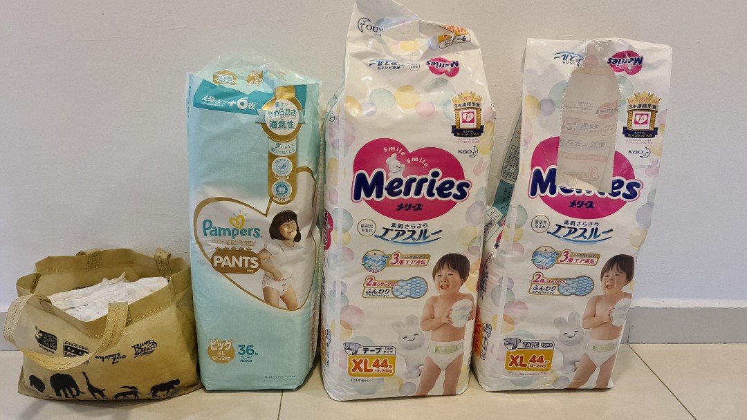Pampers XL pants and Merries XL tape diapers, Babies & Kids, Bathing ...