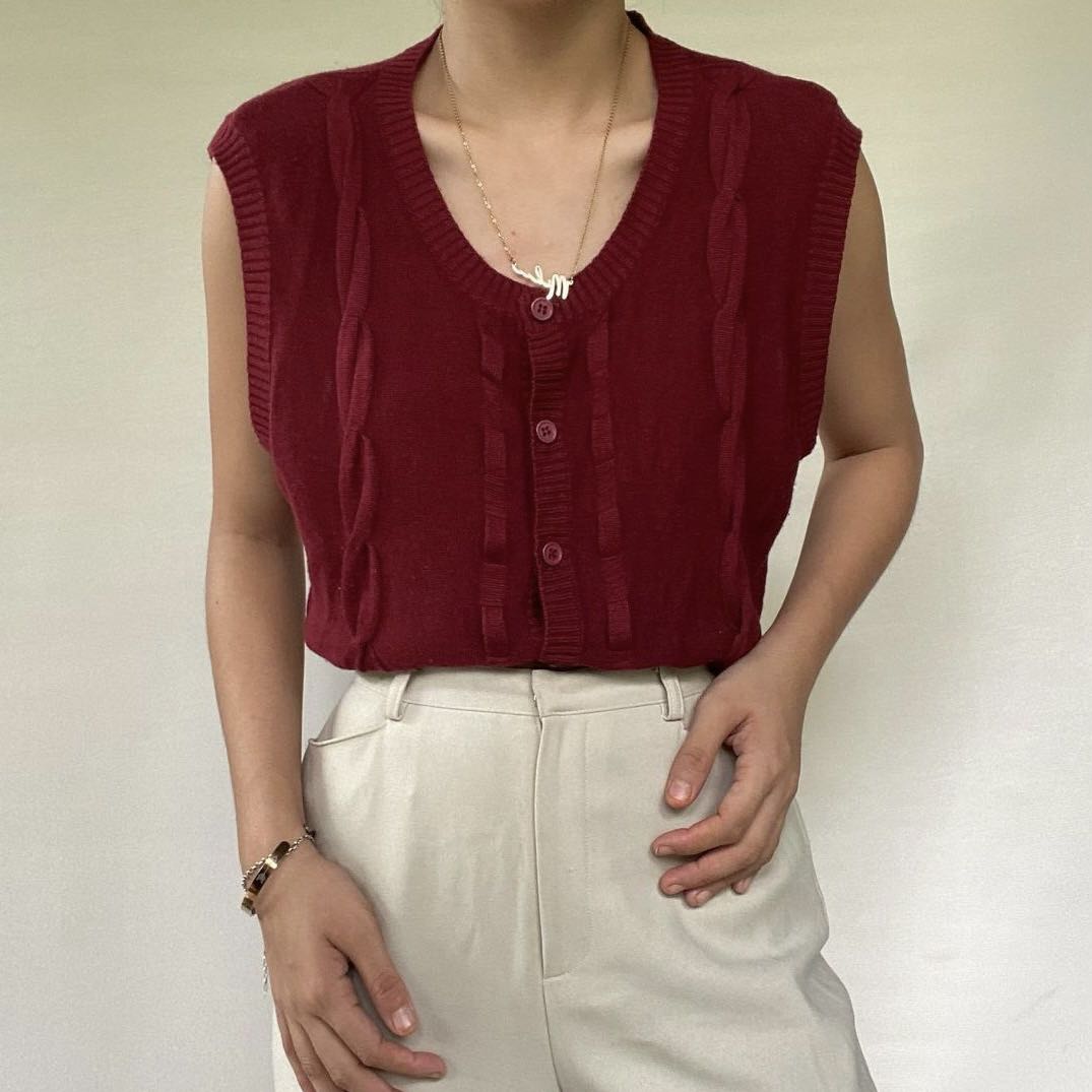 Red Button Down Sweater Vest Top, Women's Fashion, Tops, Blouses on ...