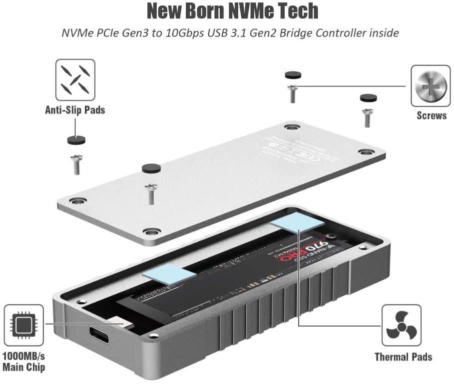 ElecGear NVMe USB 3.1 Enclosure, PCI-e M.2 SSD External Case, NV-C01 ...